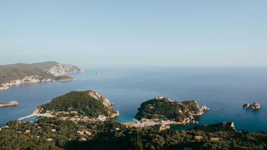 Aerial view of the green Corfu coast
