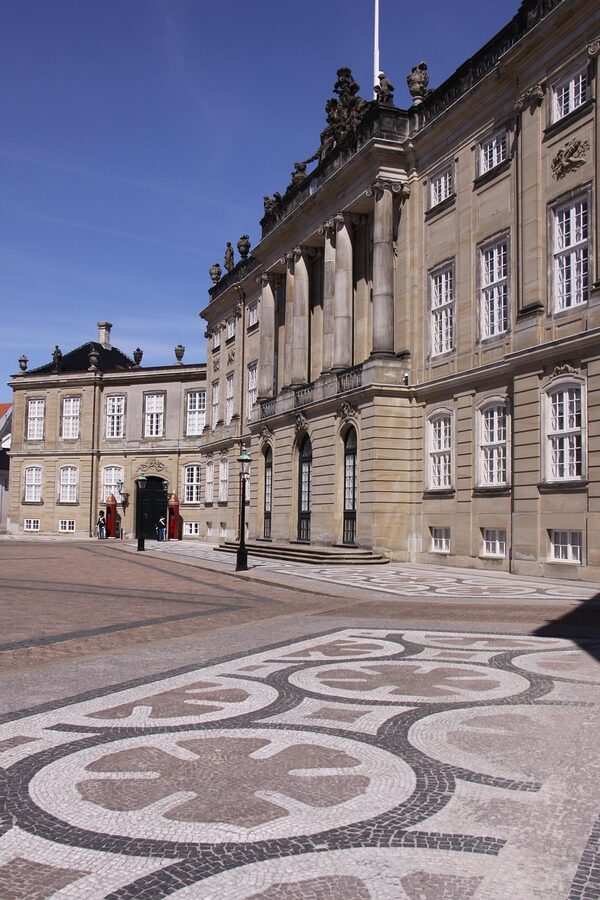 Amalienborg Palace square with colourful buildings in Copenhagen
