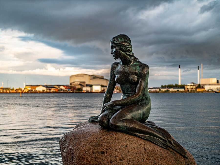 Close-up of the Little Mermaid bronze statue in Copenhagen harbour