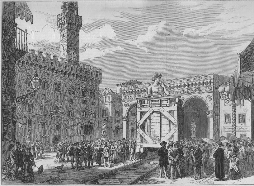 Historical photograph of David being moved from Piazza della Signoria in 1873