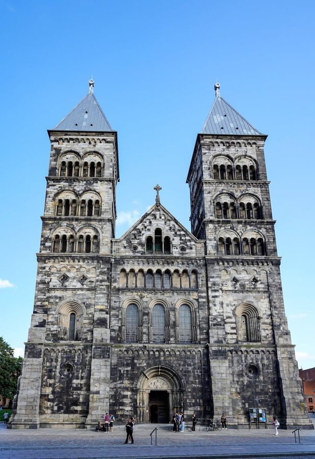 Lund Cathedral front facade under blue sky