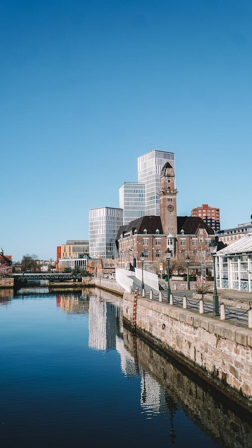 Malmö skyline with canal reflections and modern buildings