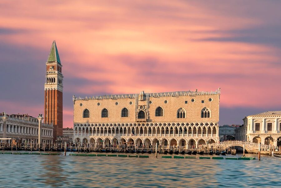 Doges Palace and St Mark Campanile at sunset in Venice