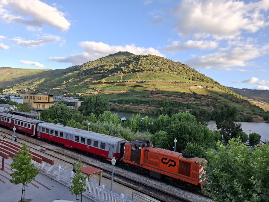 Train crossing a bridge in the Douro Valley near Pinhão