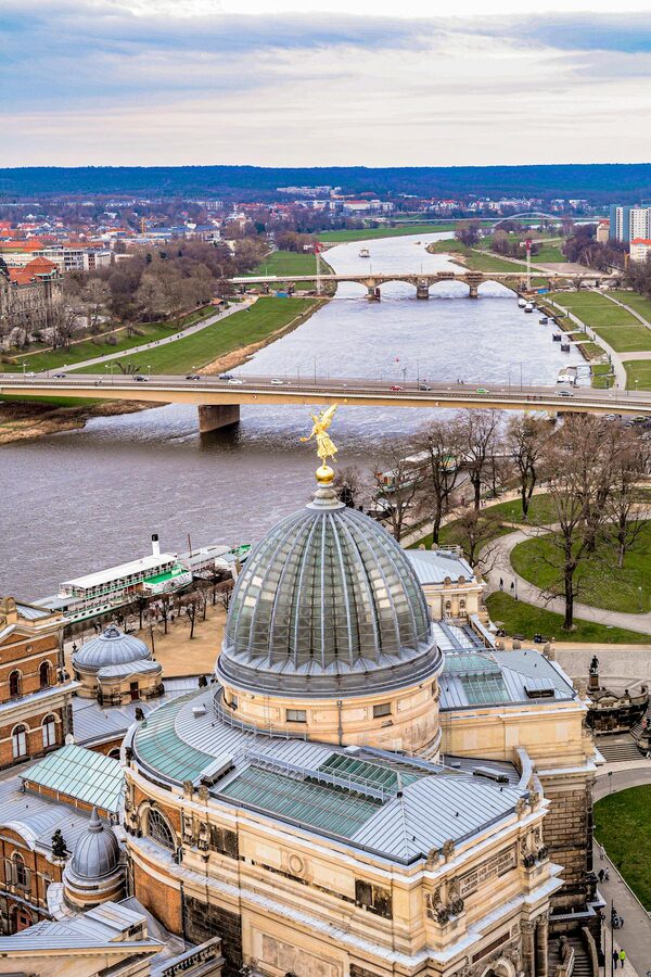 Aerial view of Dresden with River Elbe flowing beneath bridges
