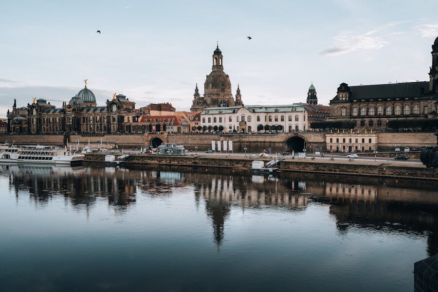 Dresden architecture and Elbe River reflections at dawn
