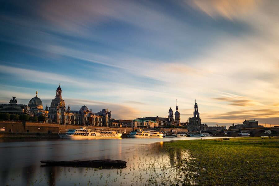 Sunset over Dresden skyline and Elbe River with colorful clouds