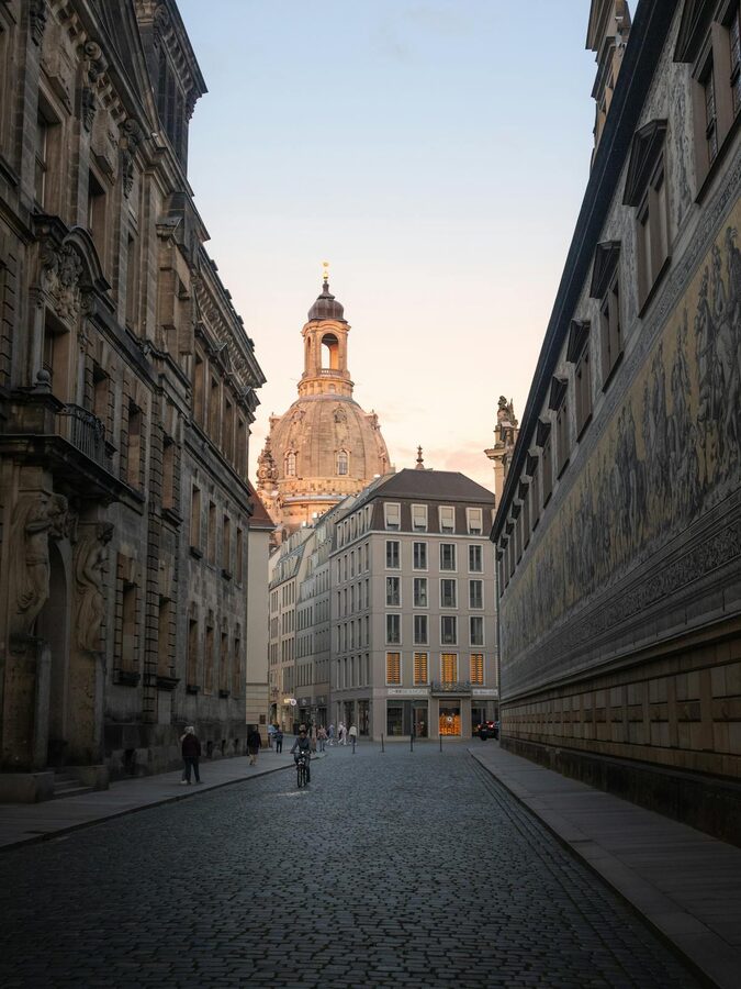 Dresden Frauenkirche with surrounding architecture at dusk