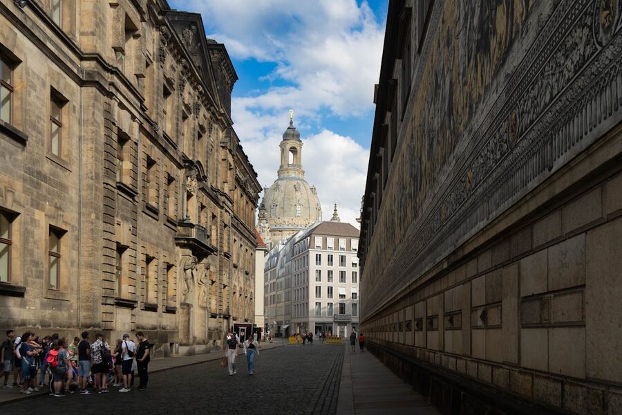 Street scene in Dresden Germany with architecture and pedestrians