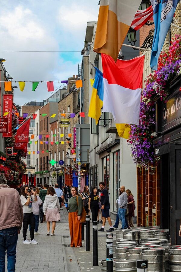 Dublin street decorated with flags and flower displays