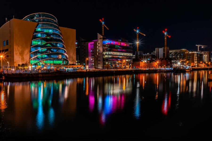Dublin's skyline reflected in the River Liffey at night