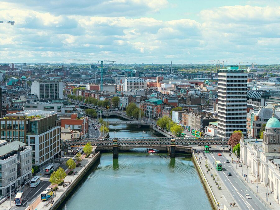 Aerial view of Dublin city centre with the River Liffey and bridges