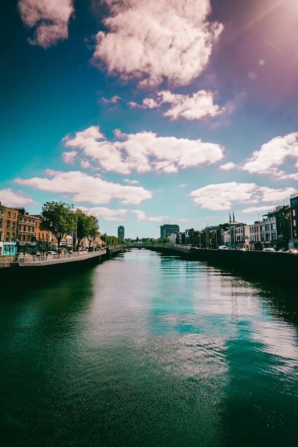 Dublin river view with buildings reflected in the Liffey