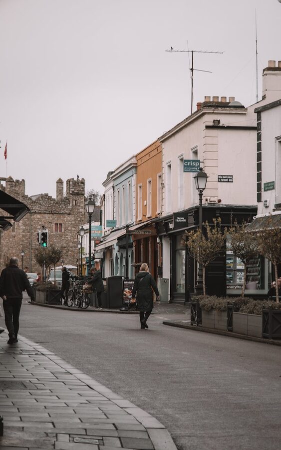 Historic street in Dublin with colorful shopfronts