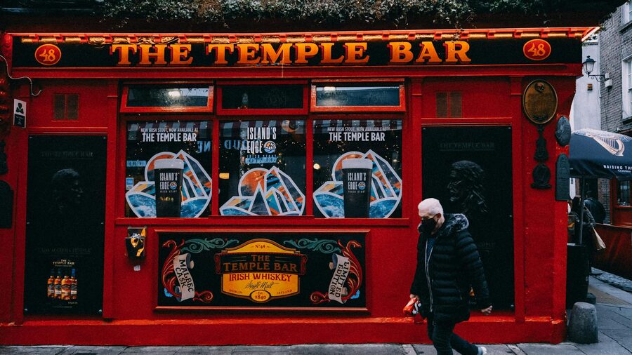 Iconic red facade of The Temple Bar pub in Dublin city