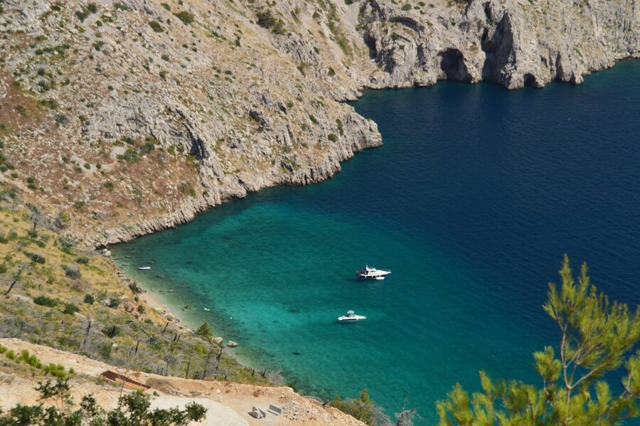 Aerial view of Croatian coast with turquoise waters and cliffs