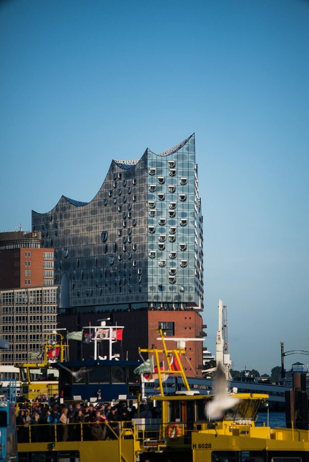 Elbphilharmonie concert hall against a clear blue sky in Hamburg