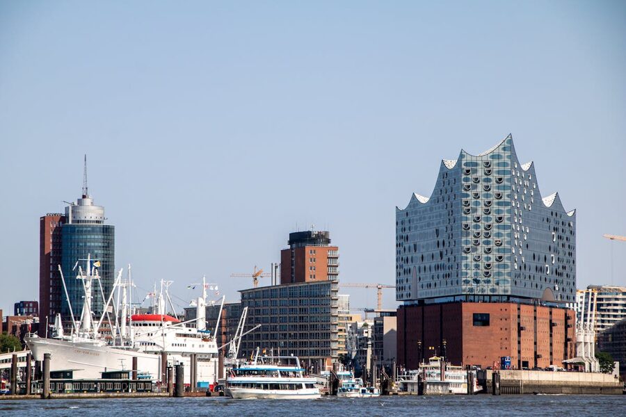 Hamburg cityscape with the Elbphilharmonie visible along the Elbe River