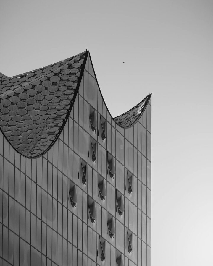 Black and white photograph of the Elbphilharmonie roofline in Hamburg