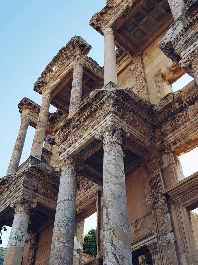 Close-up of the Library of Celsus showing detailed stone carvings and column capitals
