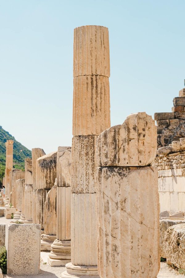 Standing columns at Ephesus with clear blue sky behind them