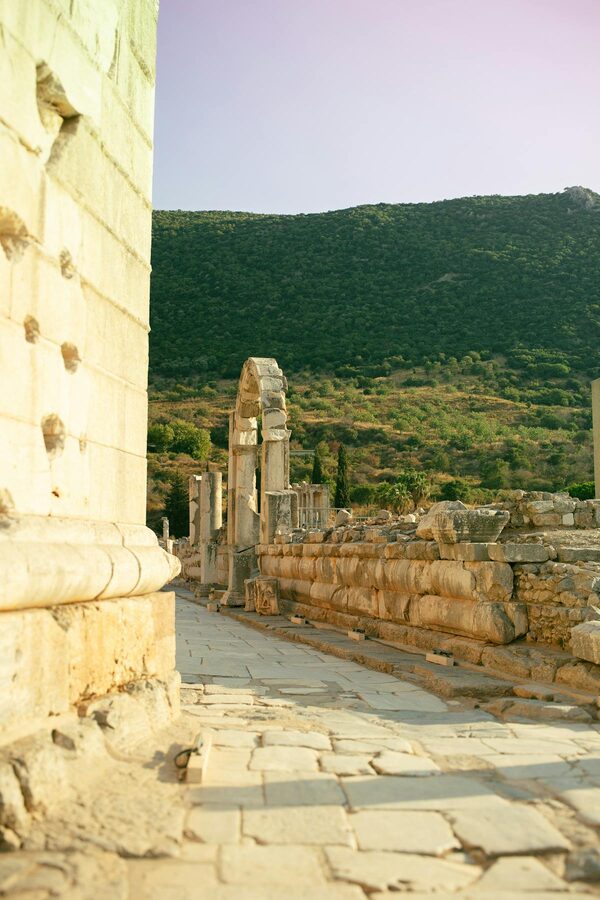 Wide view of Ephesus ruins under bright sky