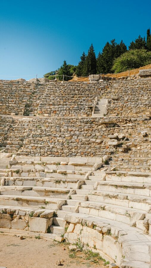 Wide view of the ancient Ephesus amphitheater carved into the hillside