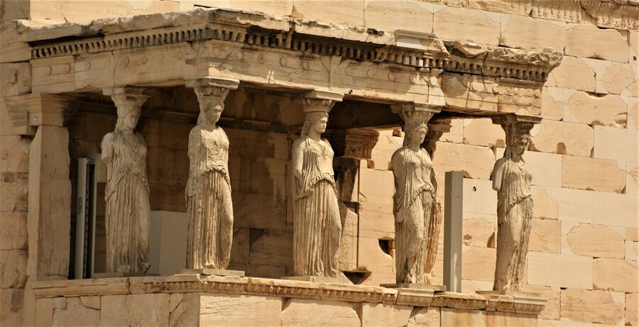 Replica Caryatid statues on the Erechtheion porch on the Acropolis hill