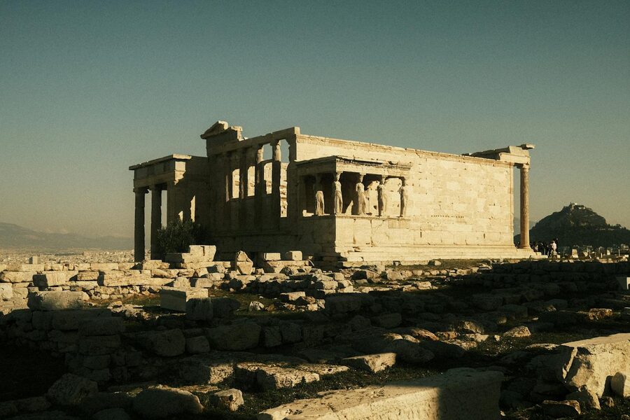 Wide view of the Erechtheion temple on the Acropolis hill Athens