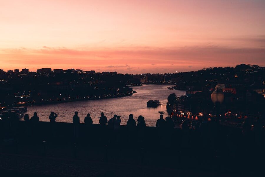 Sunset over Porto with Douro river and cityscape