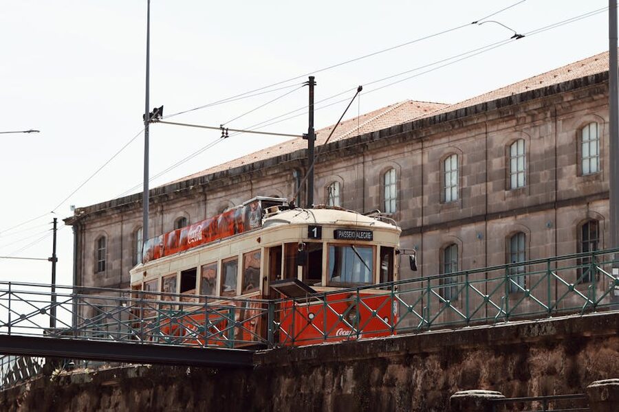 Vintage red tram in Porto Portugal