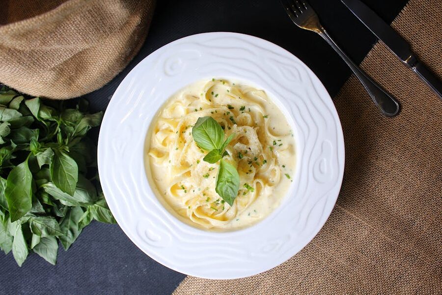 Fettuccine Alfredo creamy with basil