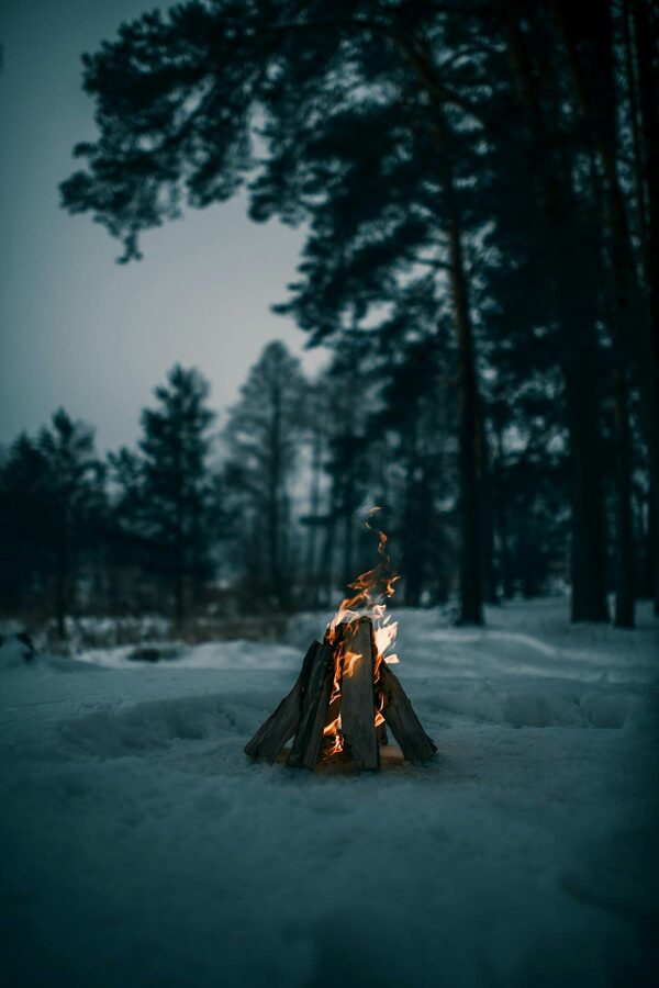 A campfire burning in a snowy forest at night