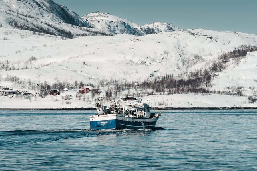 Arctic fjord with snow-covered mountains