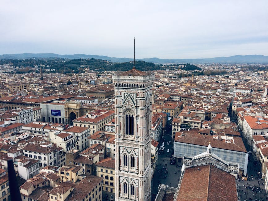Aerial view of Giotto Campanile and Florence historic architecture