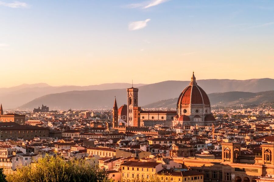 Sunset over Florence Duomo and Tuscan skyline