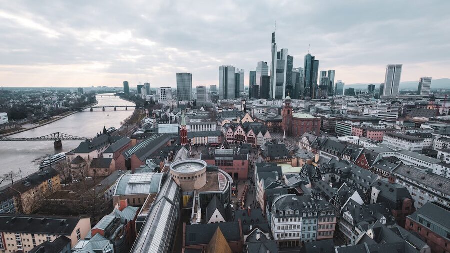 Aerial view of Frankfurt skyline with Main River and bridges