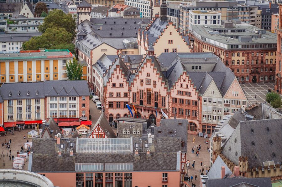 Aerial view of Römer Square in Frankfurt with historic architecture