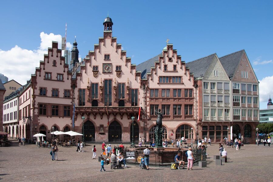 Historic Römer Square in Frankfurt Germany with half-timbered facades