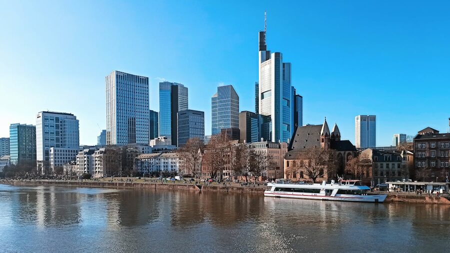 Frankfurt skyline with skyscrapers and Main River on a clear sunny day