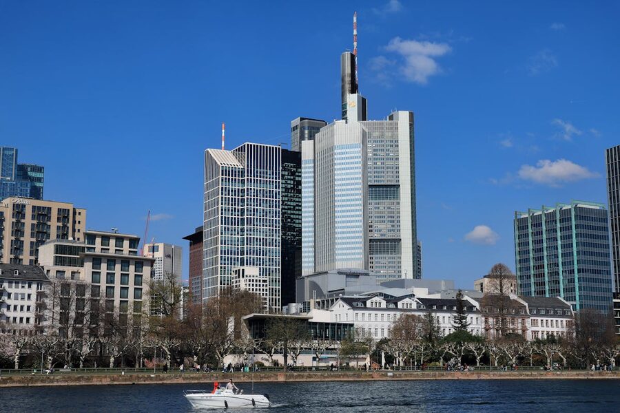 Frankfurt skyline with modern skyscrapers along the Main River