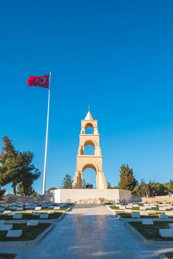 Canakkale Martyrs Memorial with Turkish flag under clear blue sky