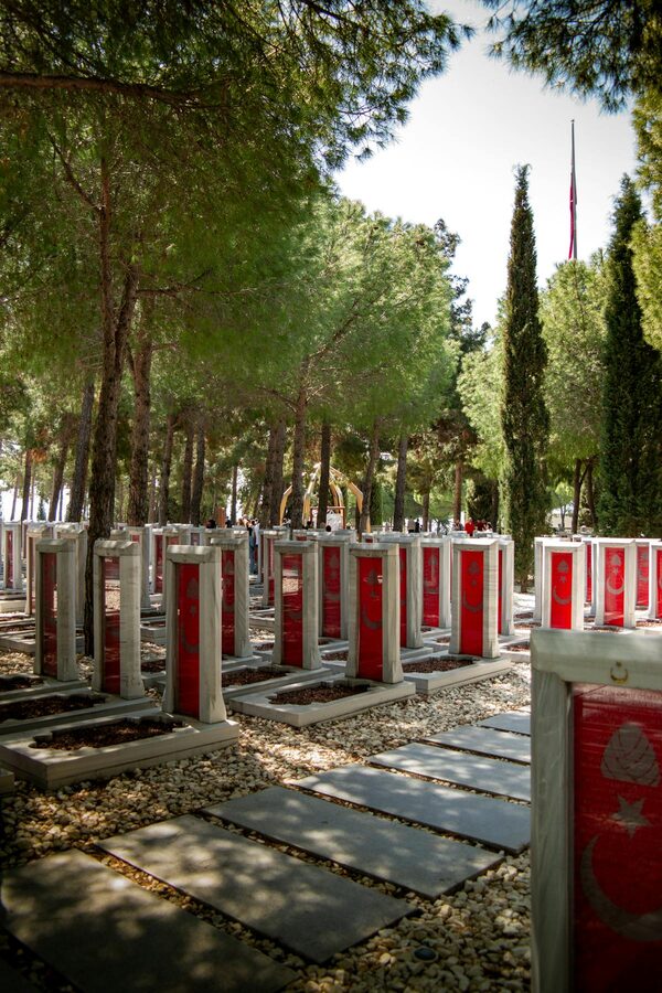 Gallipoli Martyrs Memorial surrounded by green trees in Canakkale Turkey