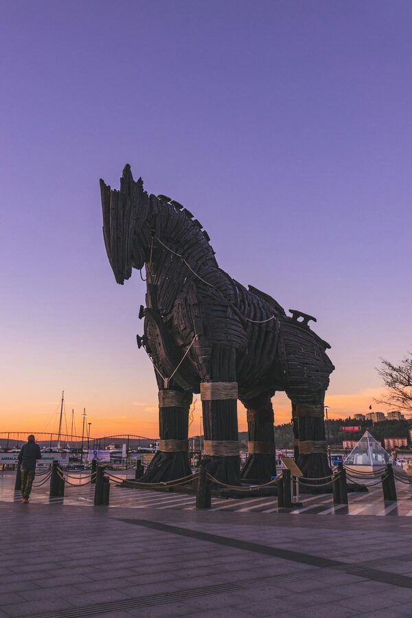Silhouette of the Trojan Horse replica against sunset in Canakkale Turkey