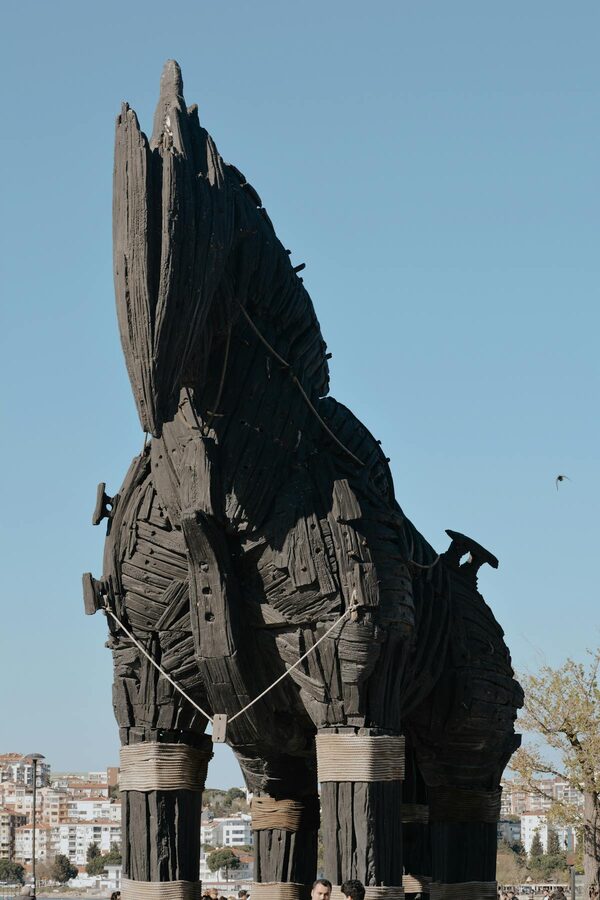 Trojan Horse wooden replica statue in Canakkale Turkey against blue sky