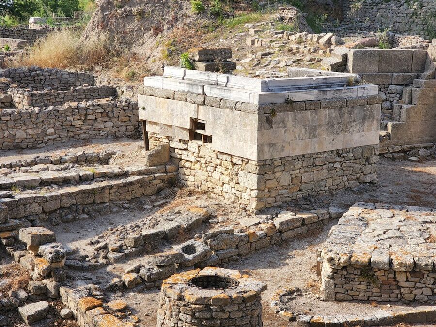 Ancient stone ruins of Troy in Canakkale Turkey showing excavated walls