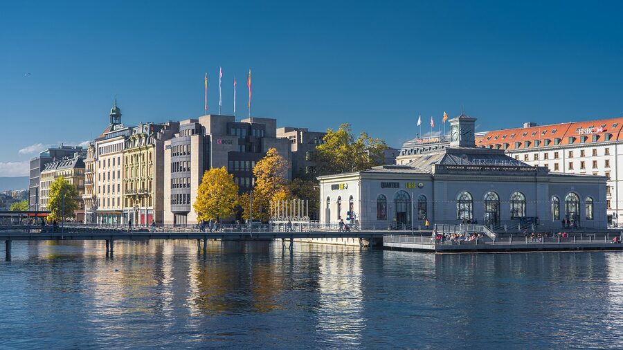 Geneva cityscape from across Lake Geneva showing buildings along the waterfront