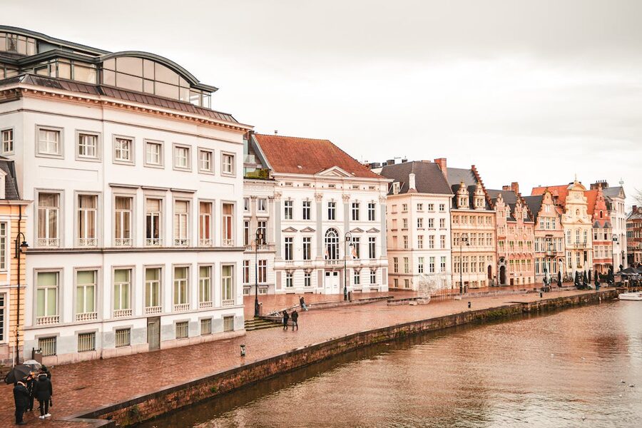 Ghent canal with bridge and historic buildings