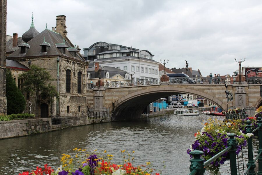 Ghent waterfront with medieval guild houses and canal