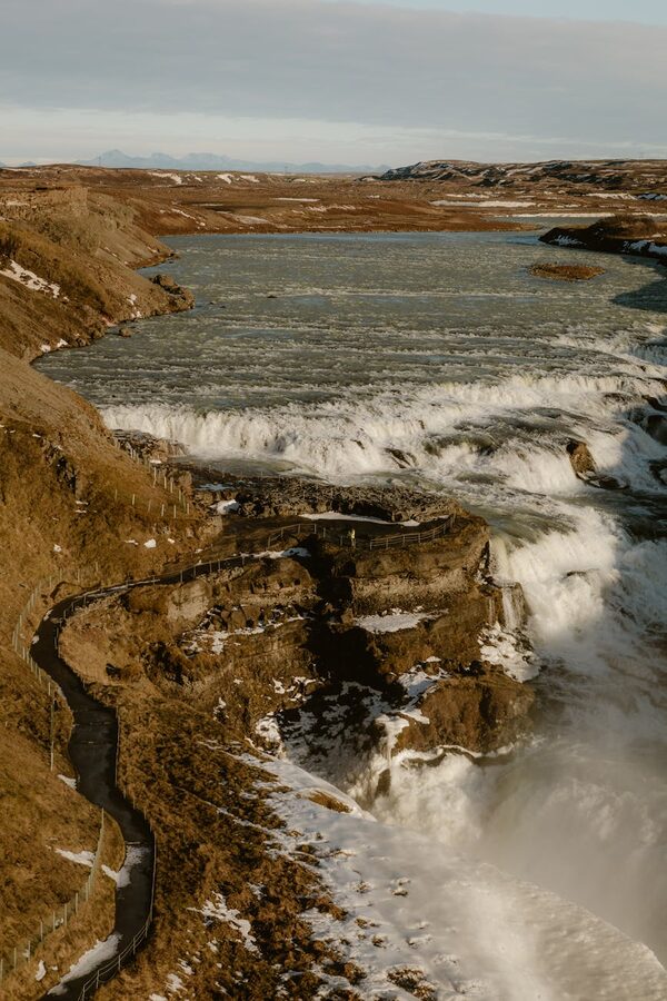 Aerial view of Gullfoss waterfall and the surrounding Icelandic terrain
